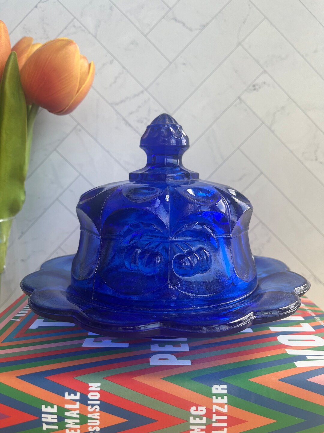 Vintage Mid-century Modern Mosser Glass Cobalt Blue Two-piece Cherry ...