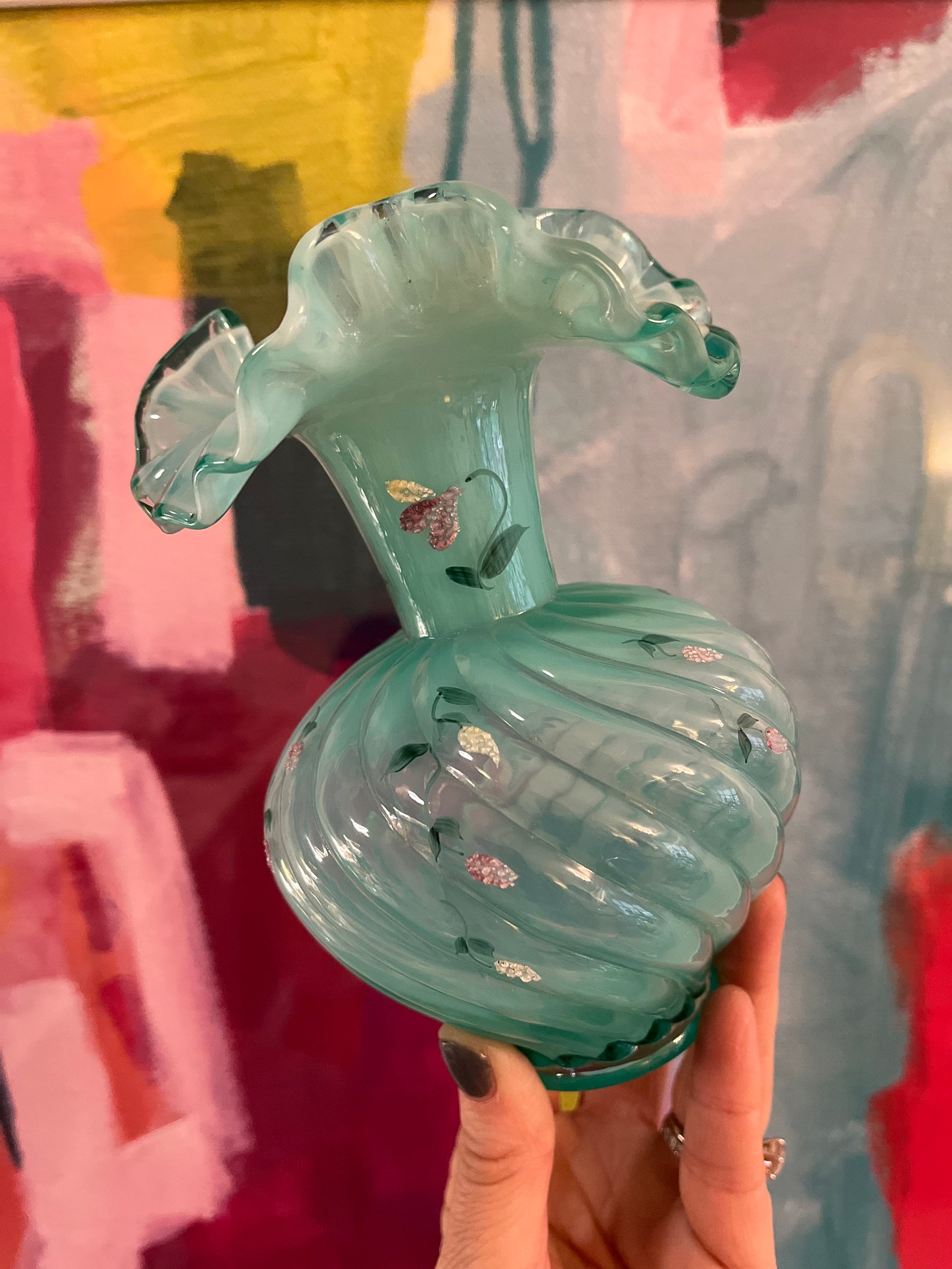 FENTON Vintage Opalescent Aqua Teal Handpainted Vase - Signed by Dan ...