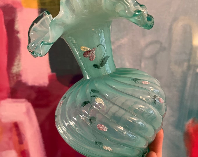 FENTON Vintage Opalescent Aqua Teal Handpainted Vase - Signed by Dan ...