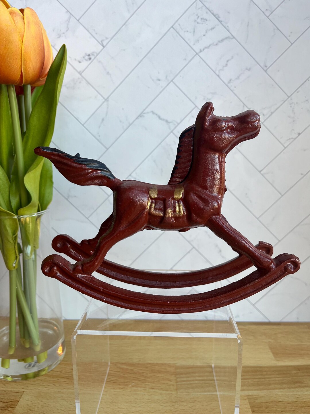 Vintage Red Cast Iron Rocking Horse - Etsy