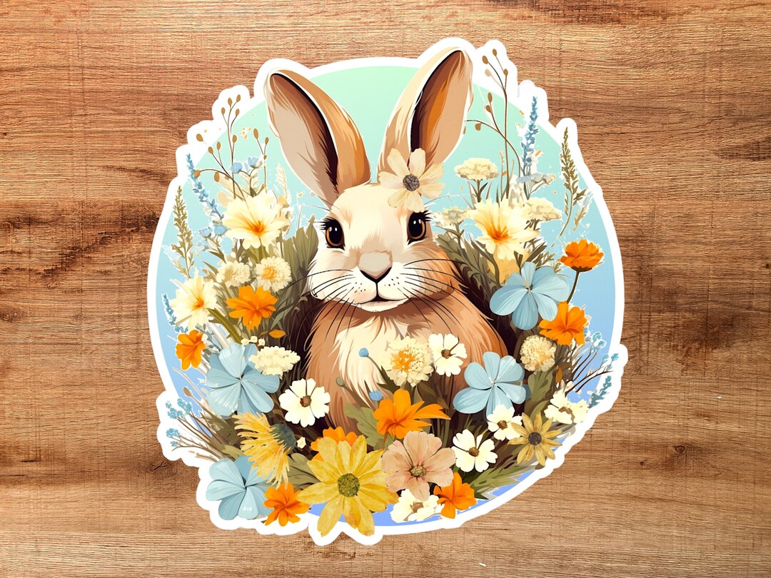 Wildflower Rabbit Sticker, Vinyl Decal, Water Bottle, Cute Rabbit ...