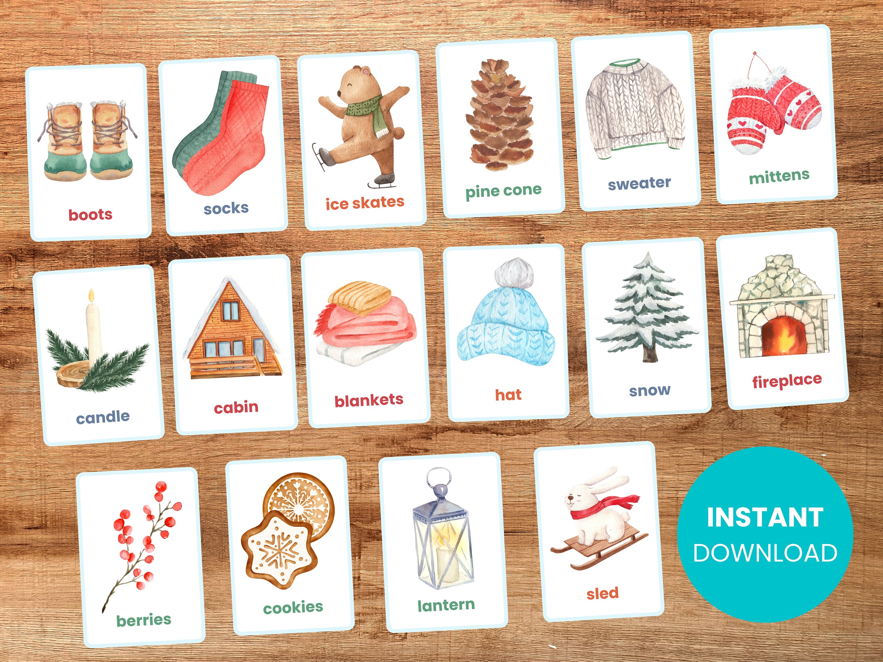 PRINTABLE Flashcards 12 Winter Season Homeschool Montessori Preschool ...