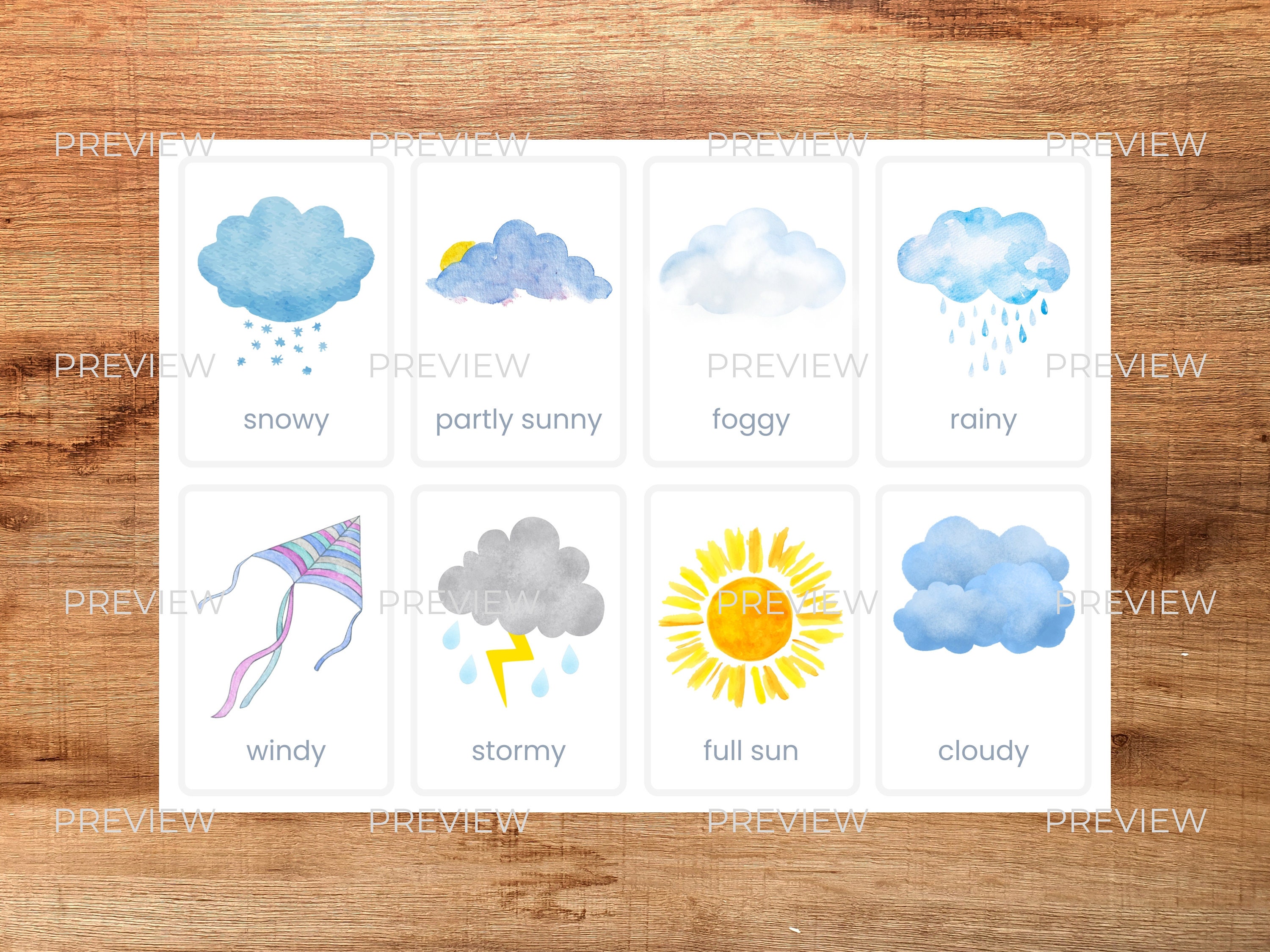 PRINTABLE Flashcards 24 Weather Homeschool Montessori Preschool Waldorf ...