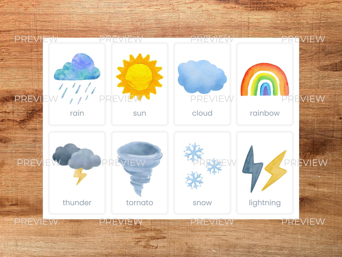 PRINTABLE Flashcards 24 Weather Homeschool Montessori Preschool Waldorf ...