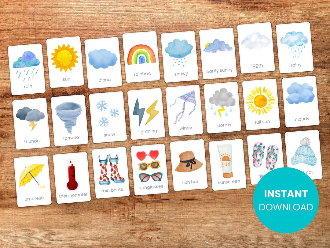 PRINTABLE Flashcards 24 Weather Homeschool Montessori Preschool Waldorf ...