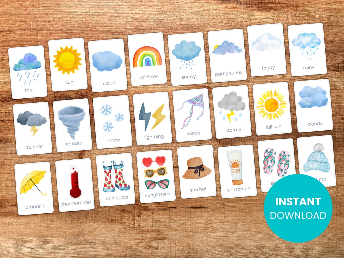 PRINTABLE Flashcards 24 Weather Homeschool Montessori Preschool Waldorf ...