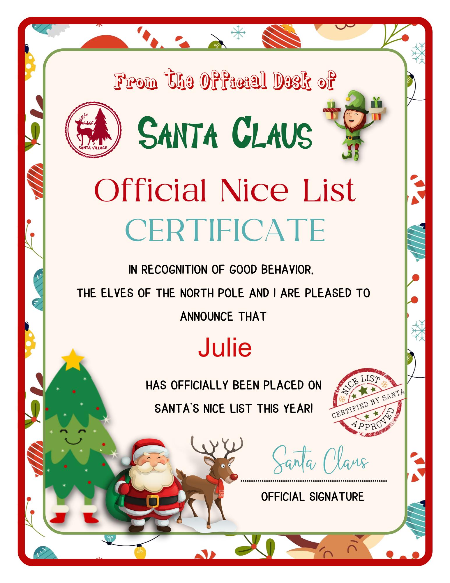 Printable Letter From Santa, Official Nice List Certificate ...