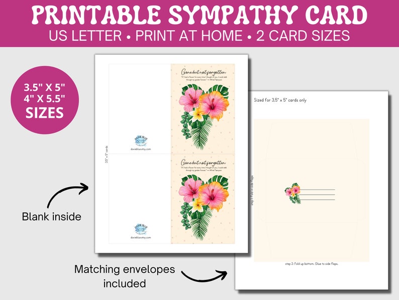 Sympathy Card and Envelope to Print at Home, 3.5"x5" 4"x5.5", US Letter ...