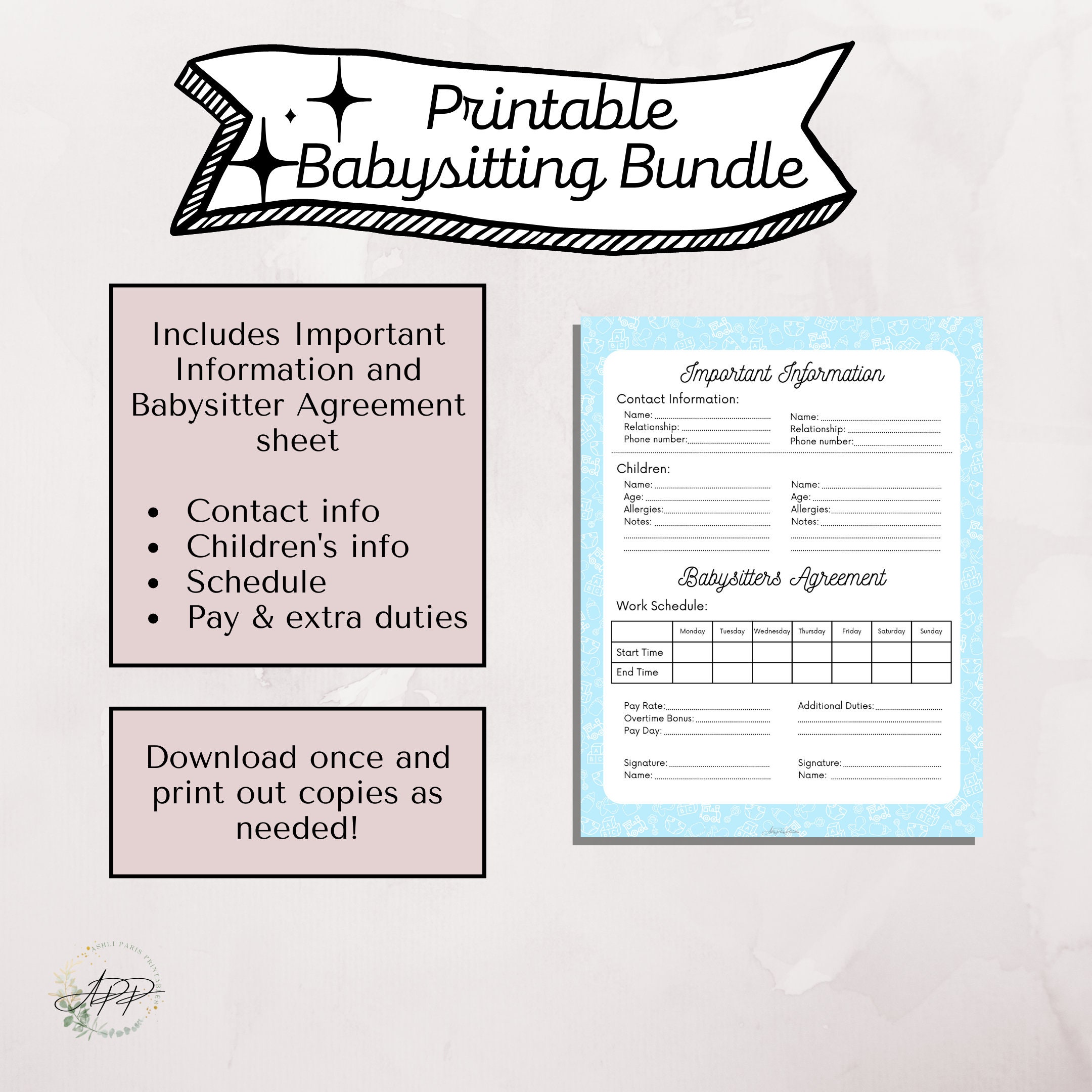 Babysitting Log Sheet, Information and Agreement Sheet Bundle Blue - Etsy