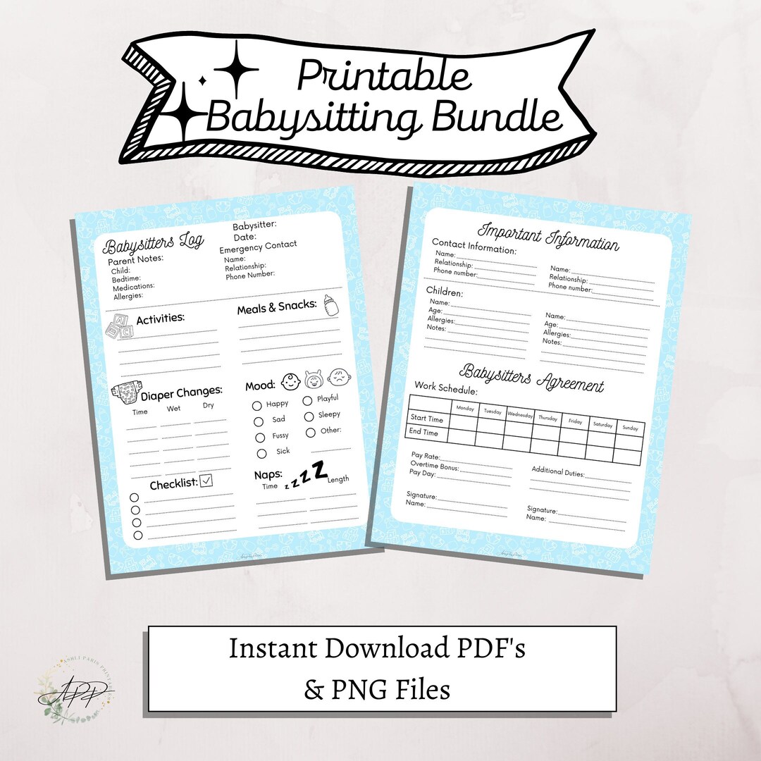 Babysitting Log Sheet, Information and Agreement Sheet Bundle Blue - Etsy