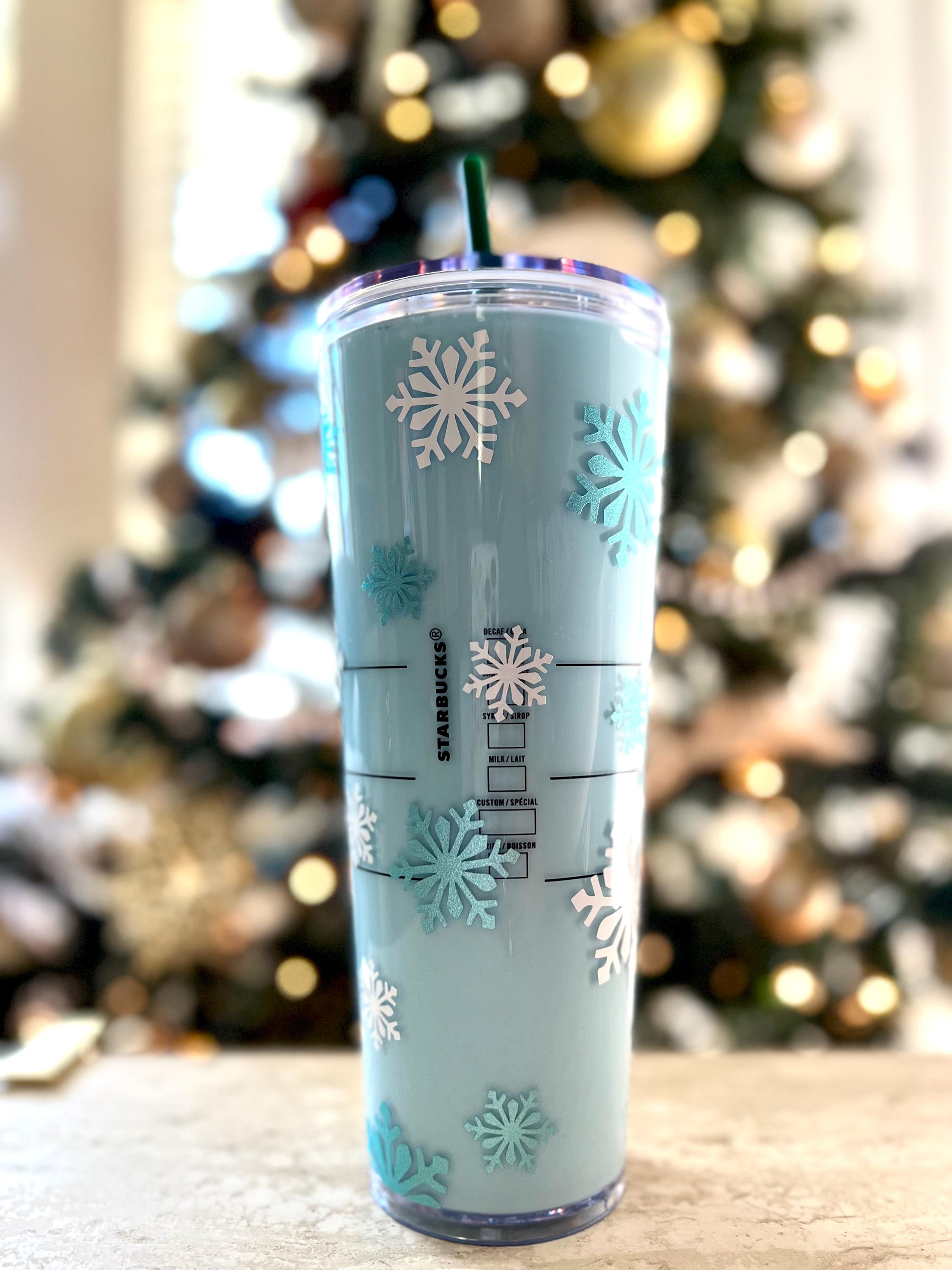 Blue Snowflakes Starbucks Holiday 2024 Snowglobe Tumbler With Baby Blue ...