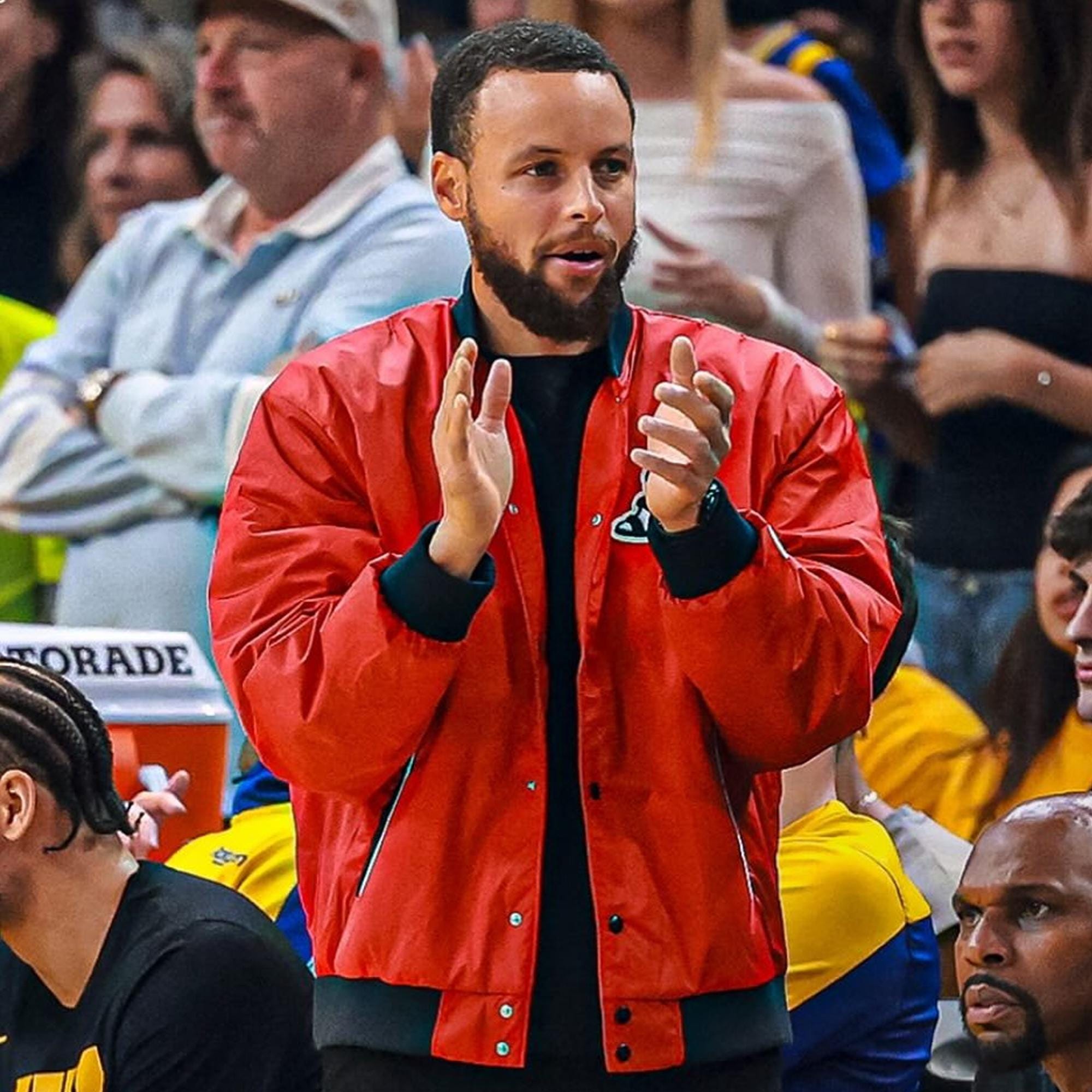 Steph Curry Red Jacket, Red Varsity Jacket, Shoe With Wing Logo Jacket ...