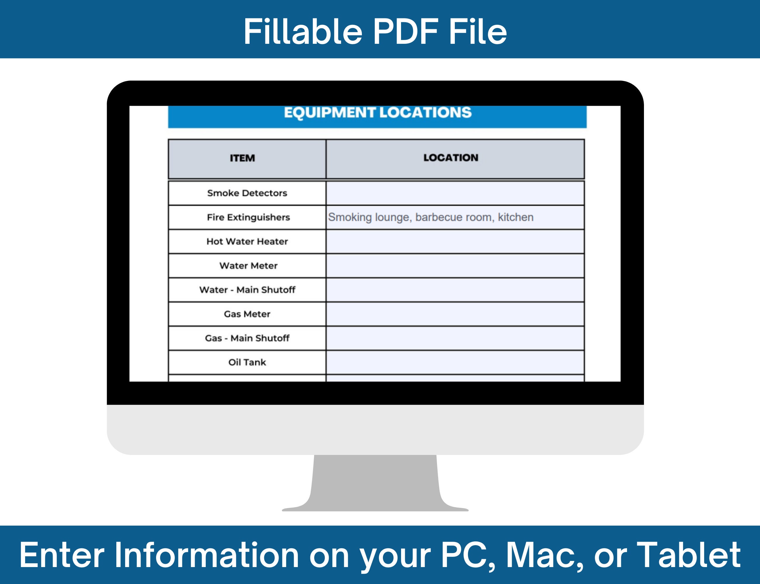 Home Equipment Locations Fillable PDF | Printable Equipment Tracker ...
