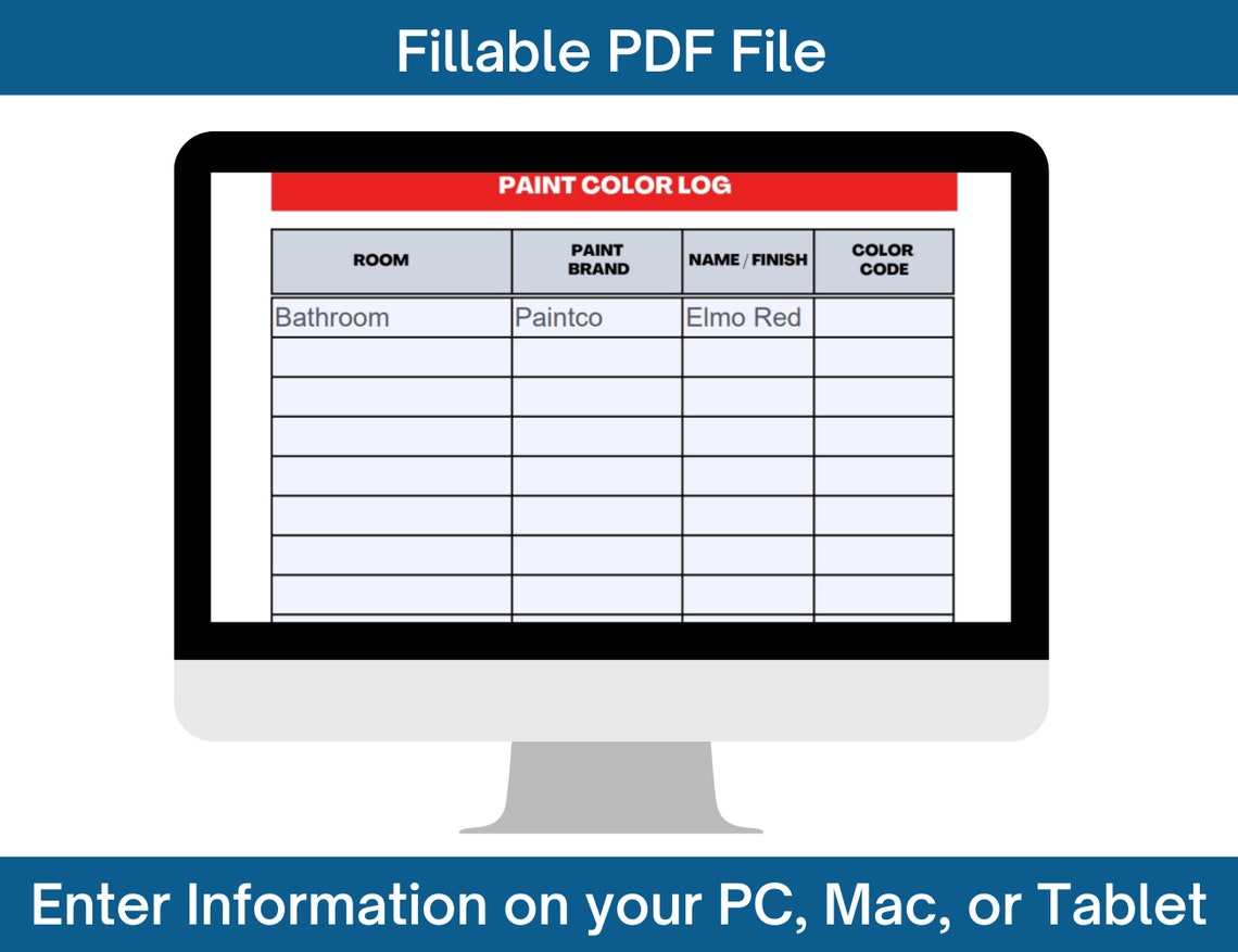 Home Paint Color Log Fillable PDF | Printable Paint Color Tracker ...