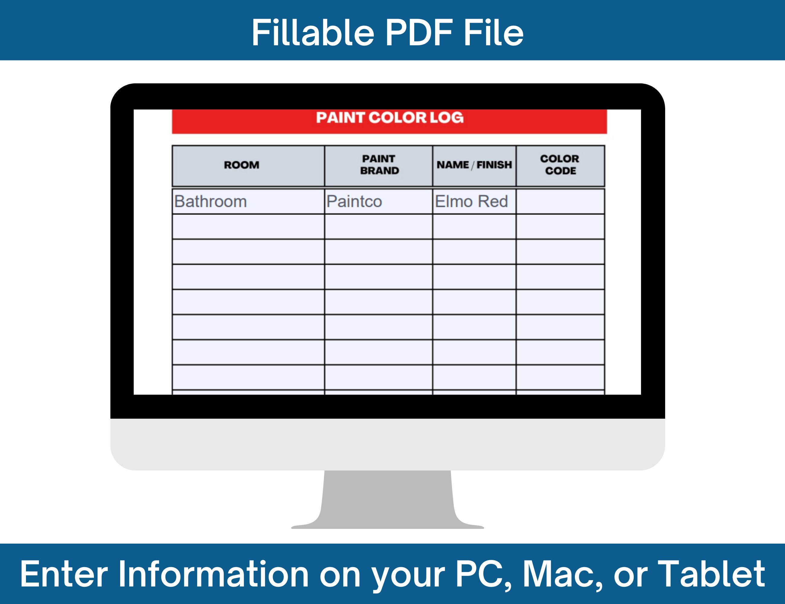 Home Paint Color Log Fillable PDF | Printable Paint Color Tracker ...