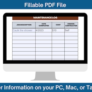 Home Maintenance Log Fillable PDF Printable Maintenance Log Sheets ...