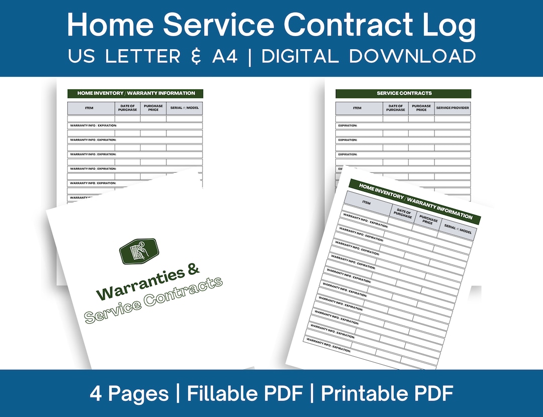 Home Service Contract Log Fillable PDF | Printable Warranty Tracker and ...