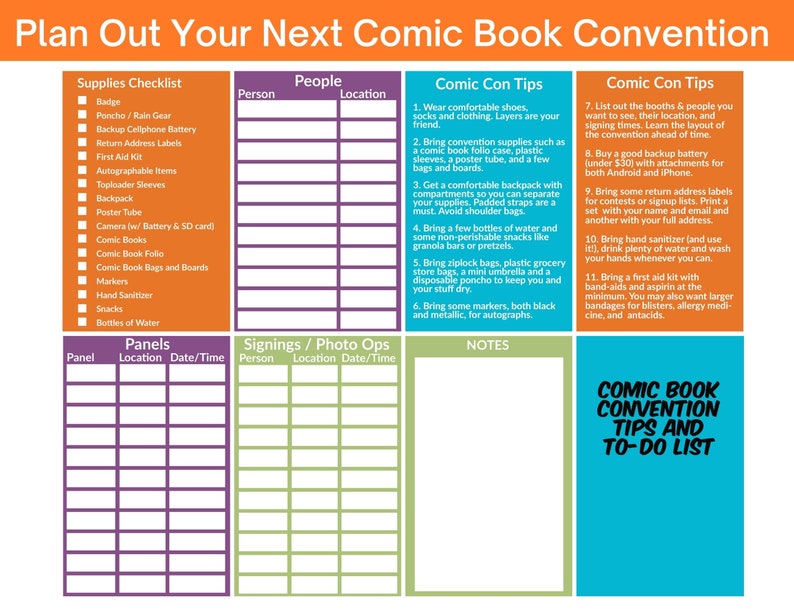 Comic Con Tips & To-do List | Printable, Pocket Planner, Digital ...