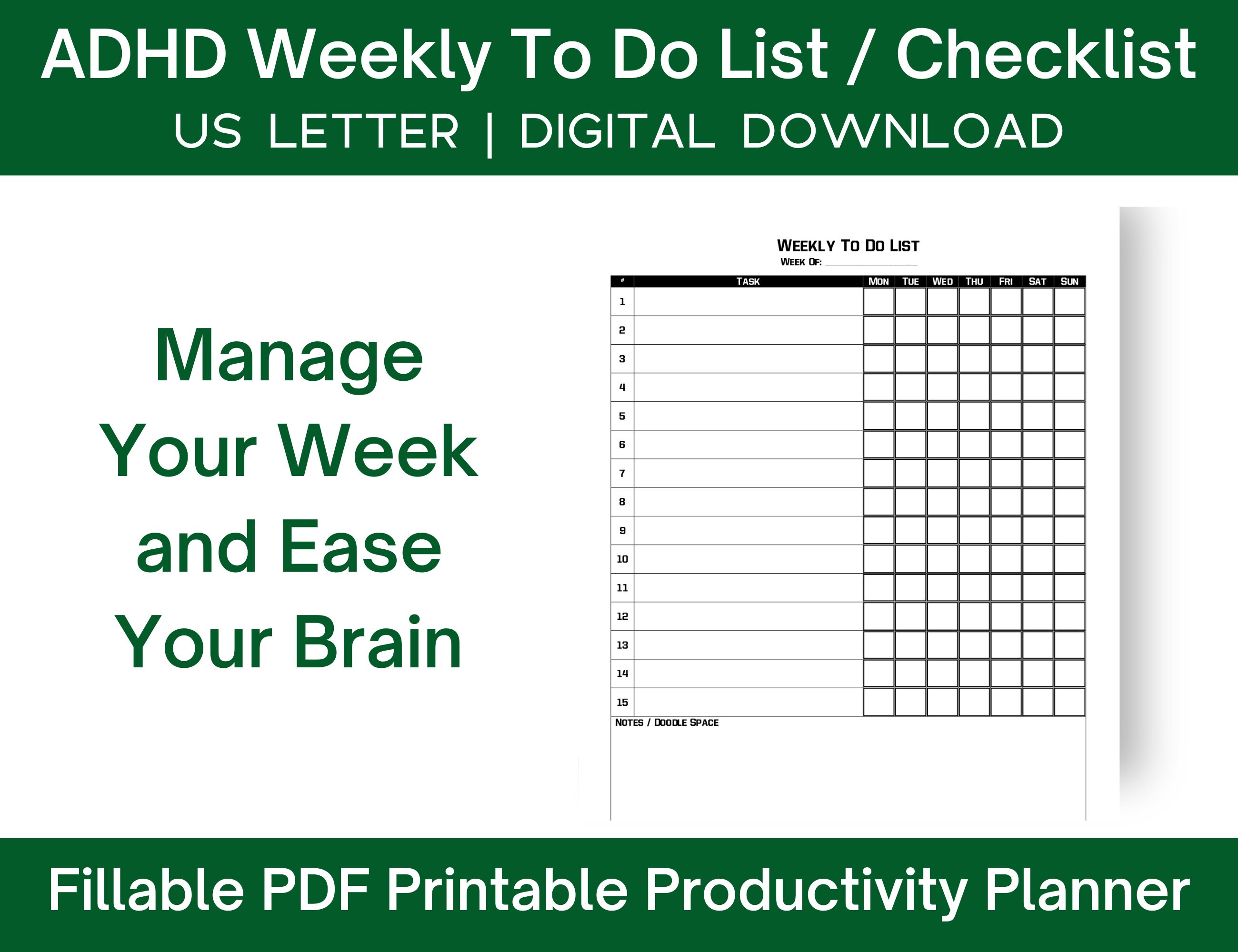 ADHD Weekly to Do List Checklist Fillable PDF, Brain Dump Planner ...