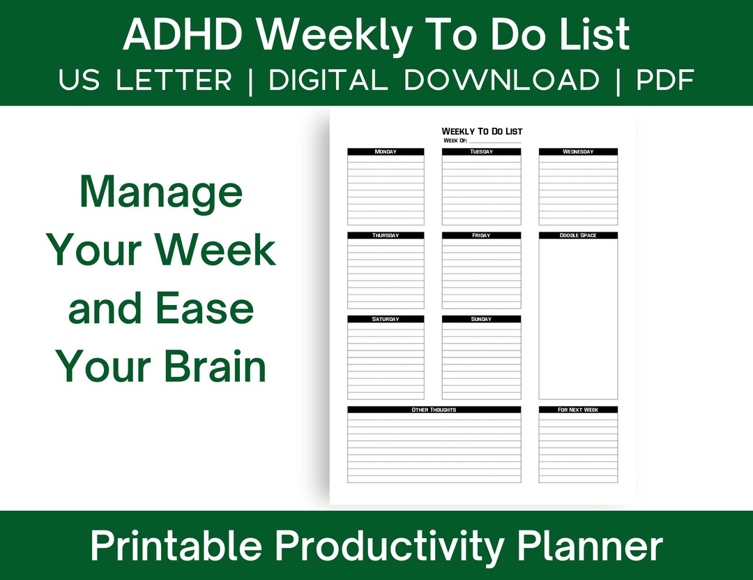 ADHD Weekly to Do List | Brain Dump Planner Template, Productivity ...