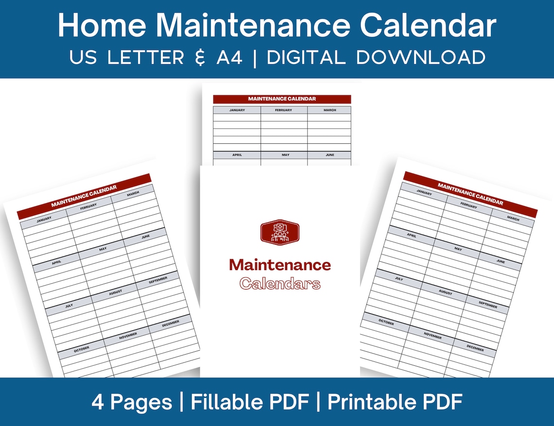 Home Maintenance Calendar Fillable PDF | Printable Maintenance ...