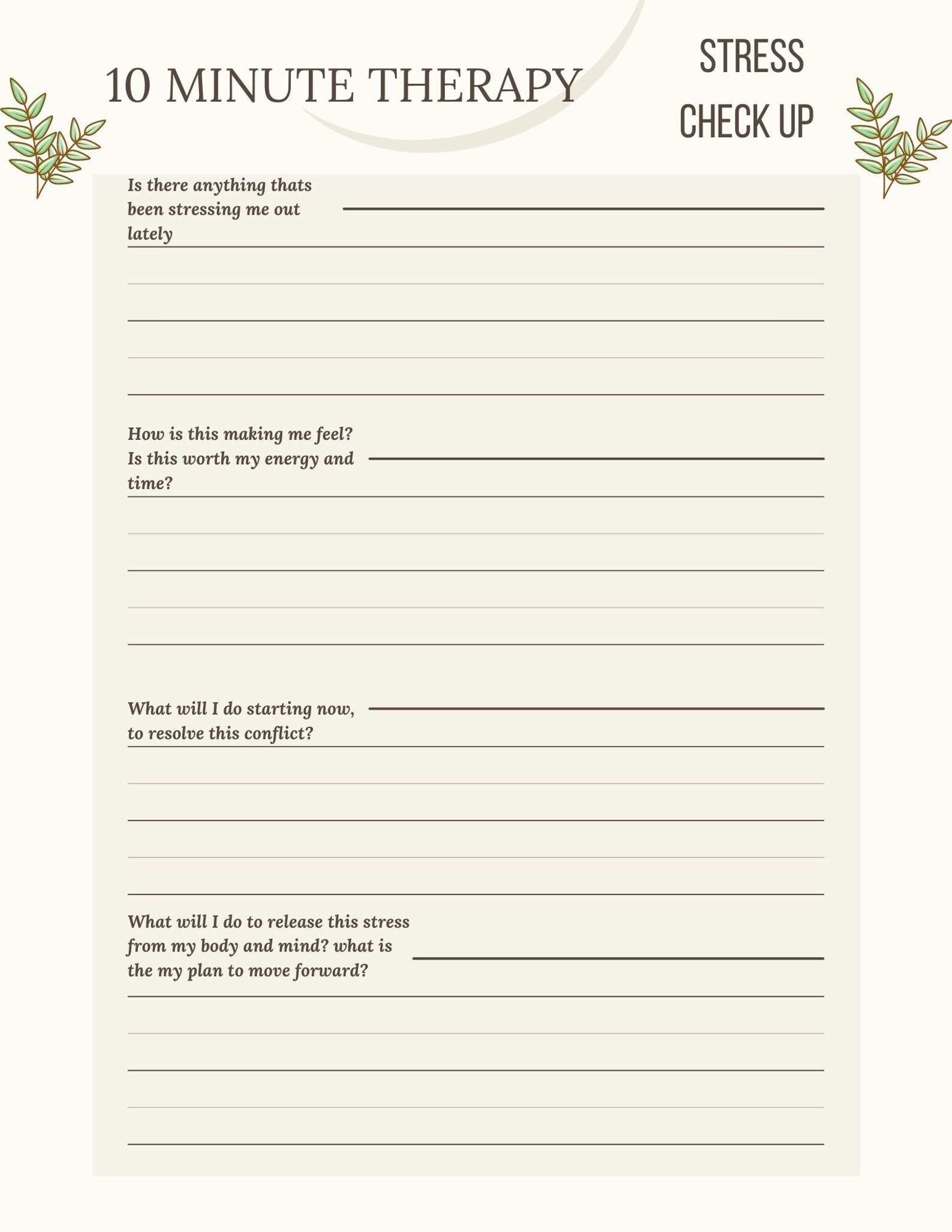 STRESS CHECK-UP, 10 Minute Therapy Question Prompt Worksheet. Night ...