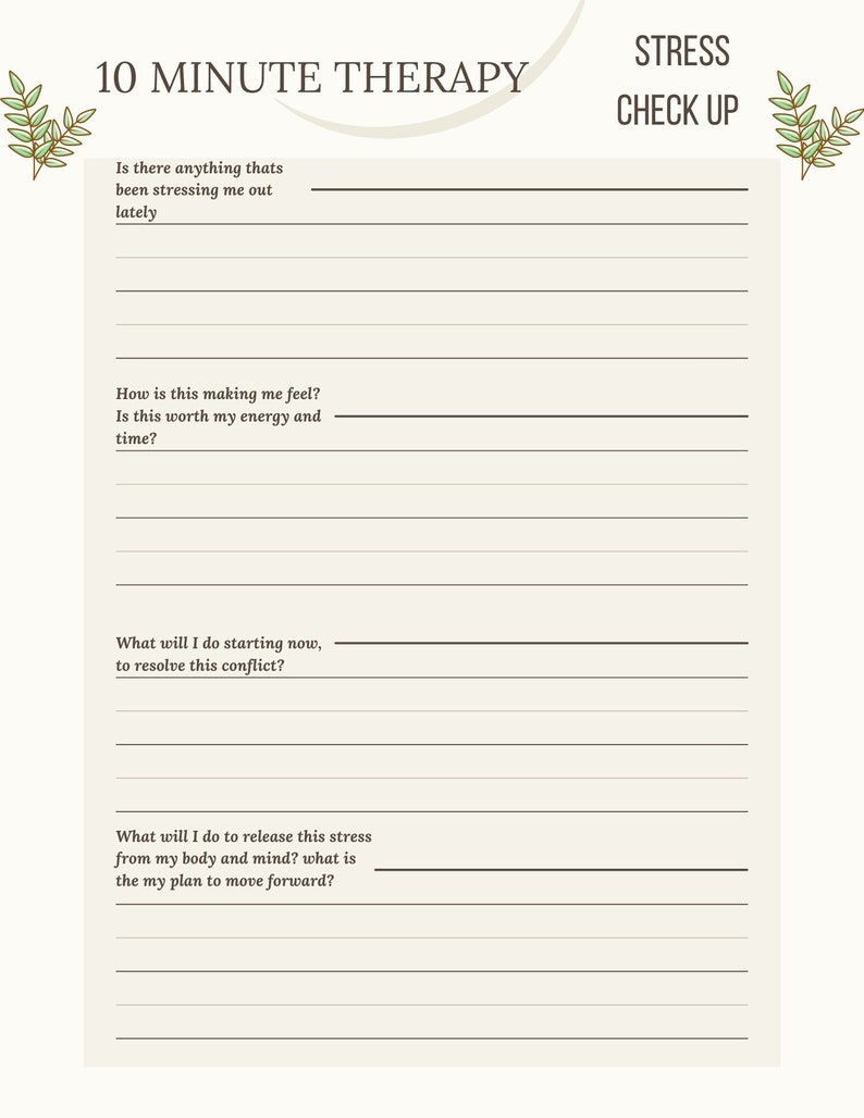STRESS CHECK-UP, 10 Minute Therapy Question Prompt Worksheet. Night ...