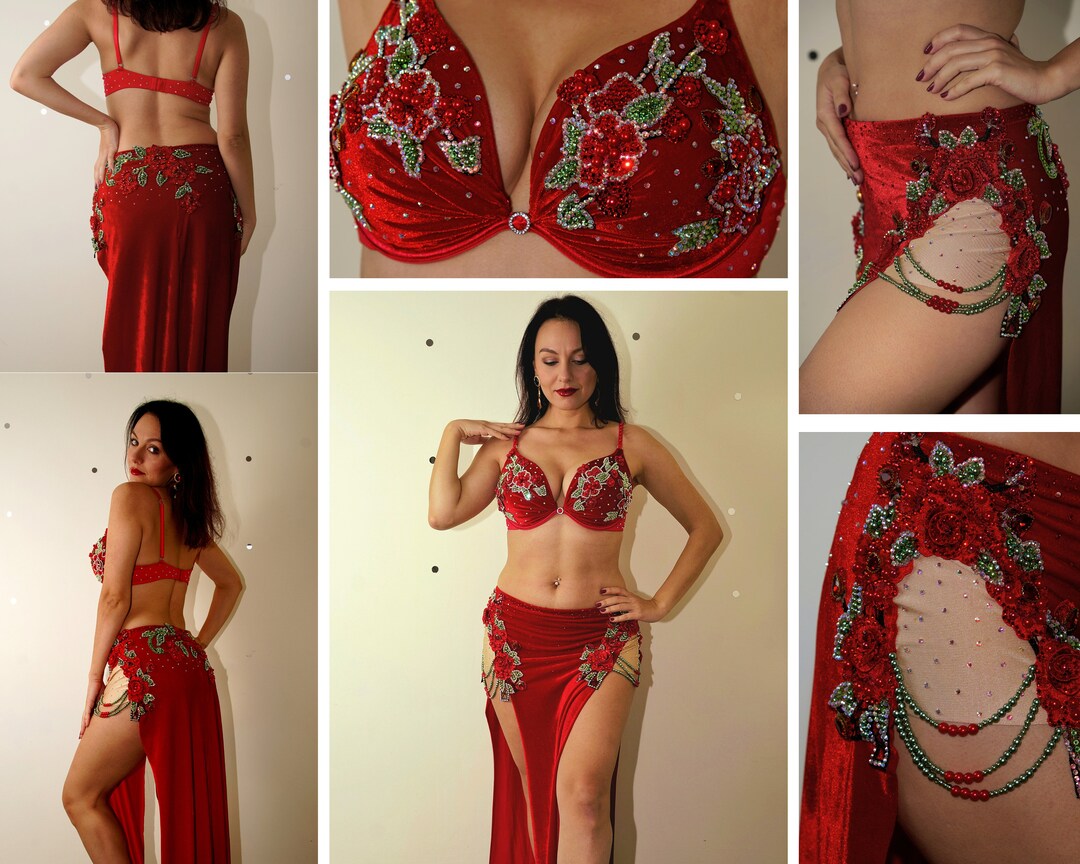 Belly Dance Red Rose Crystal Outfit. Festival Costume. - Etsy