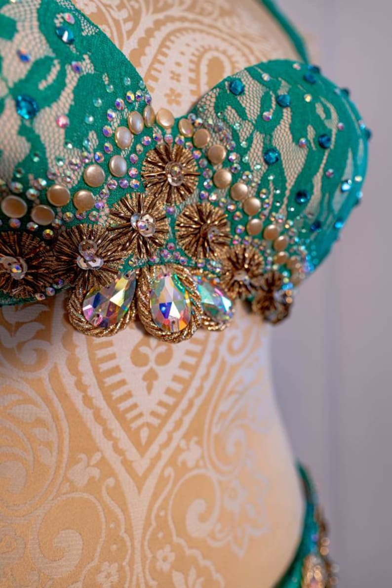 Green Blue Gold Belly Dance Costume Size S-M, Competition Dress, Stage ...