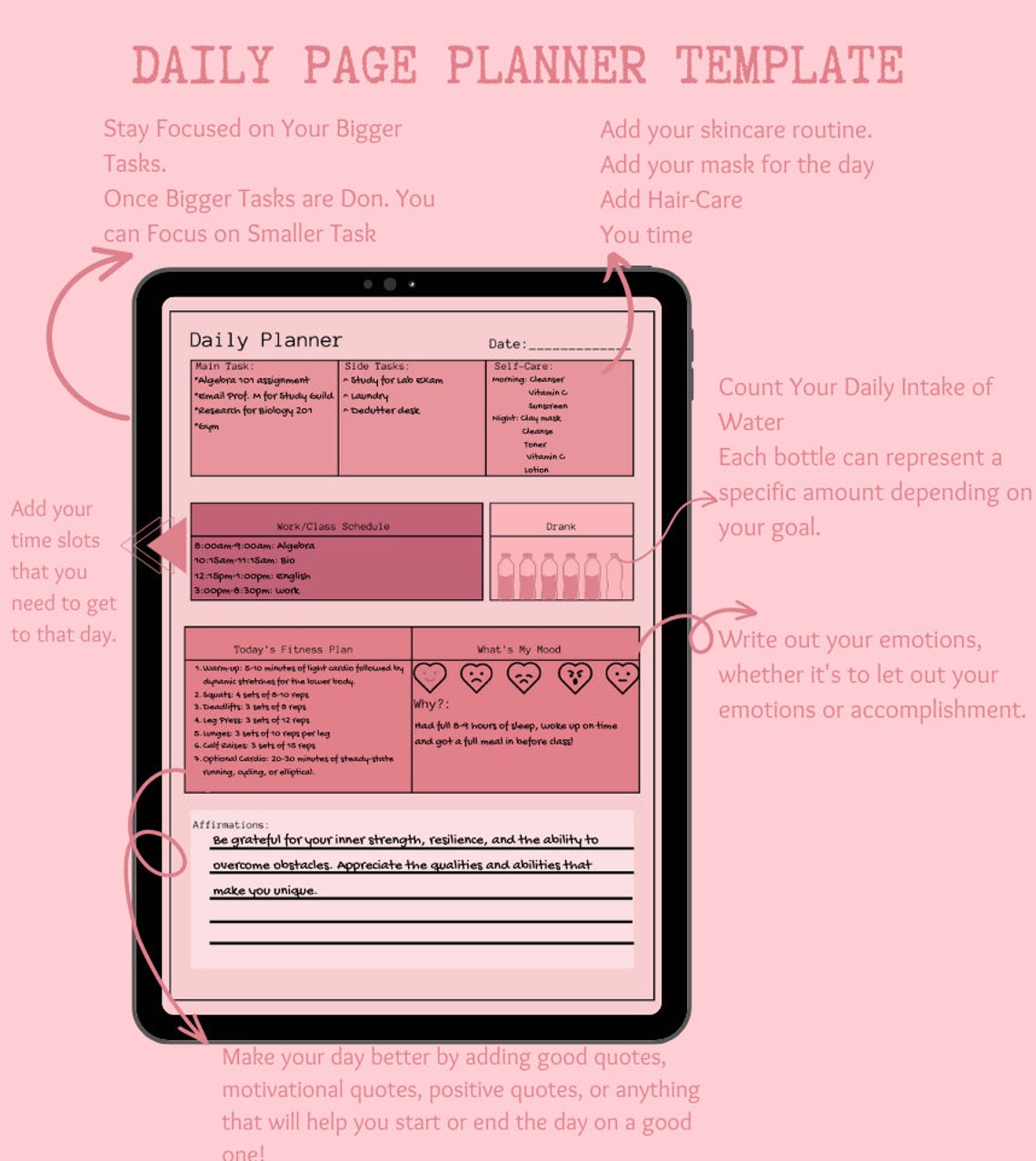 Pink Daily Digital Planner, Printable Planner, Daily Planner ...