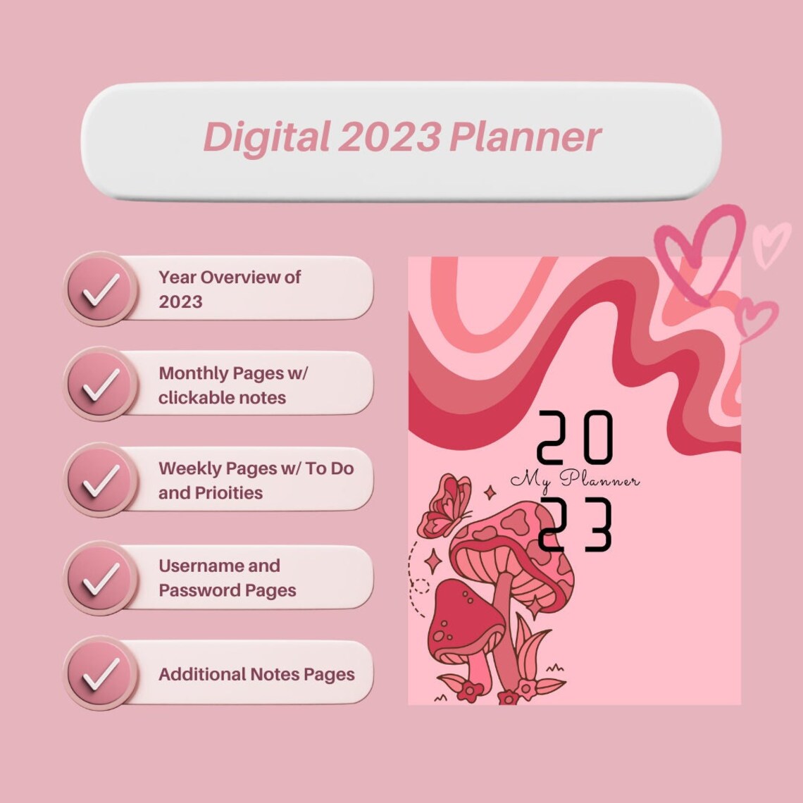 Pink 2023 Digital Planner, Goodnotes Pink 2023 Planner, Printable 2023 ...