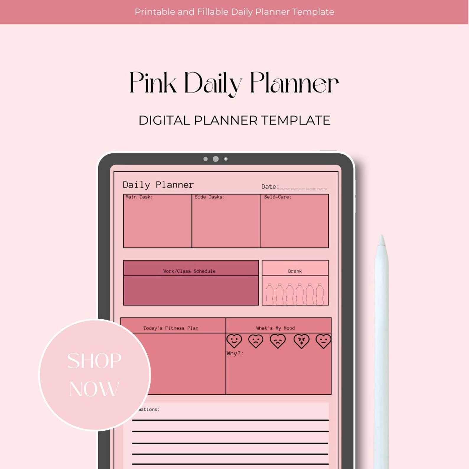Pink Daily Digital Planner, Printable Planner, Daily Planner ...