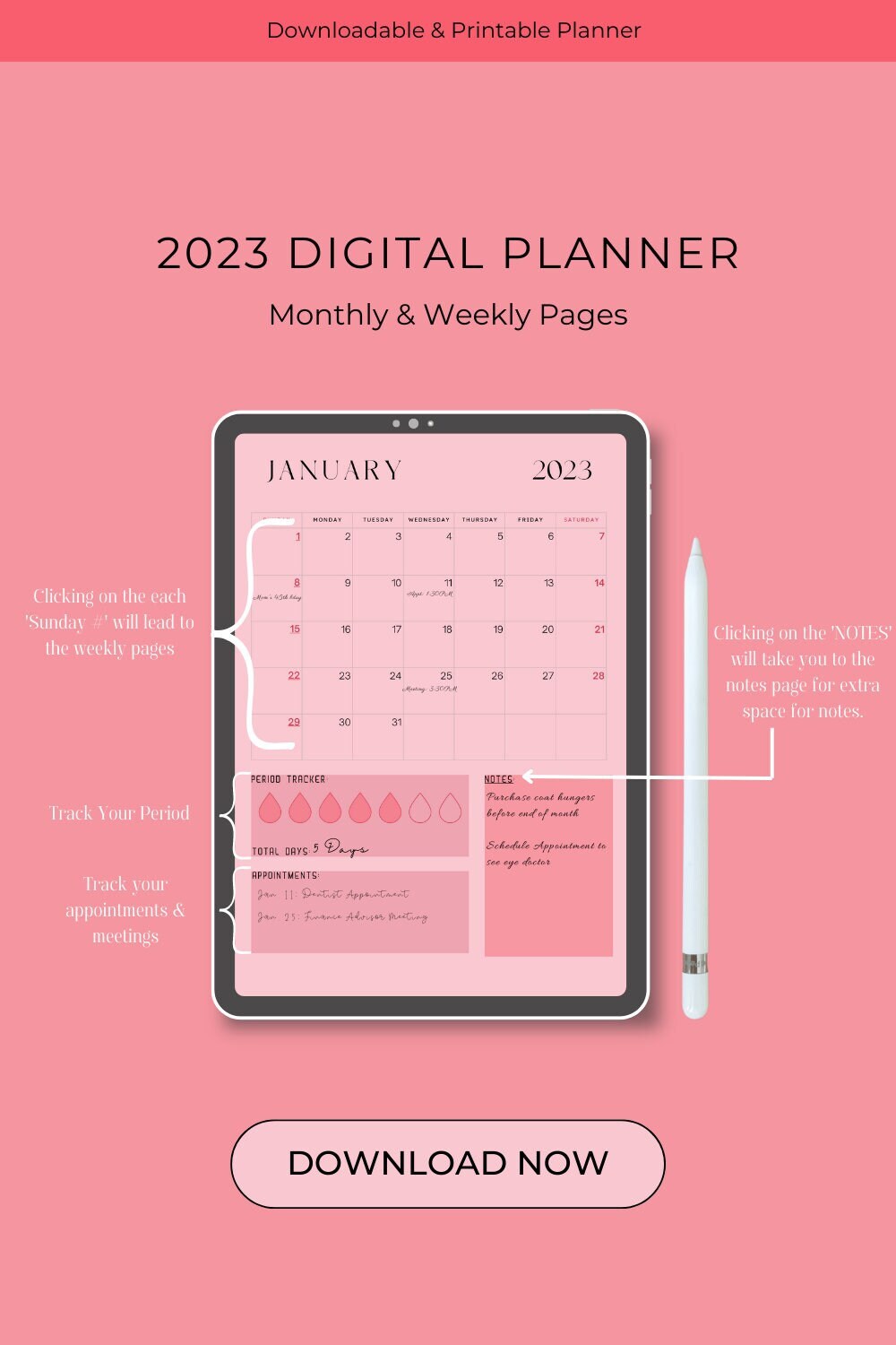 Pink 2023 Digital Planner, Goodnotes Pink 2023 Planner, Printable 2023 ...