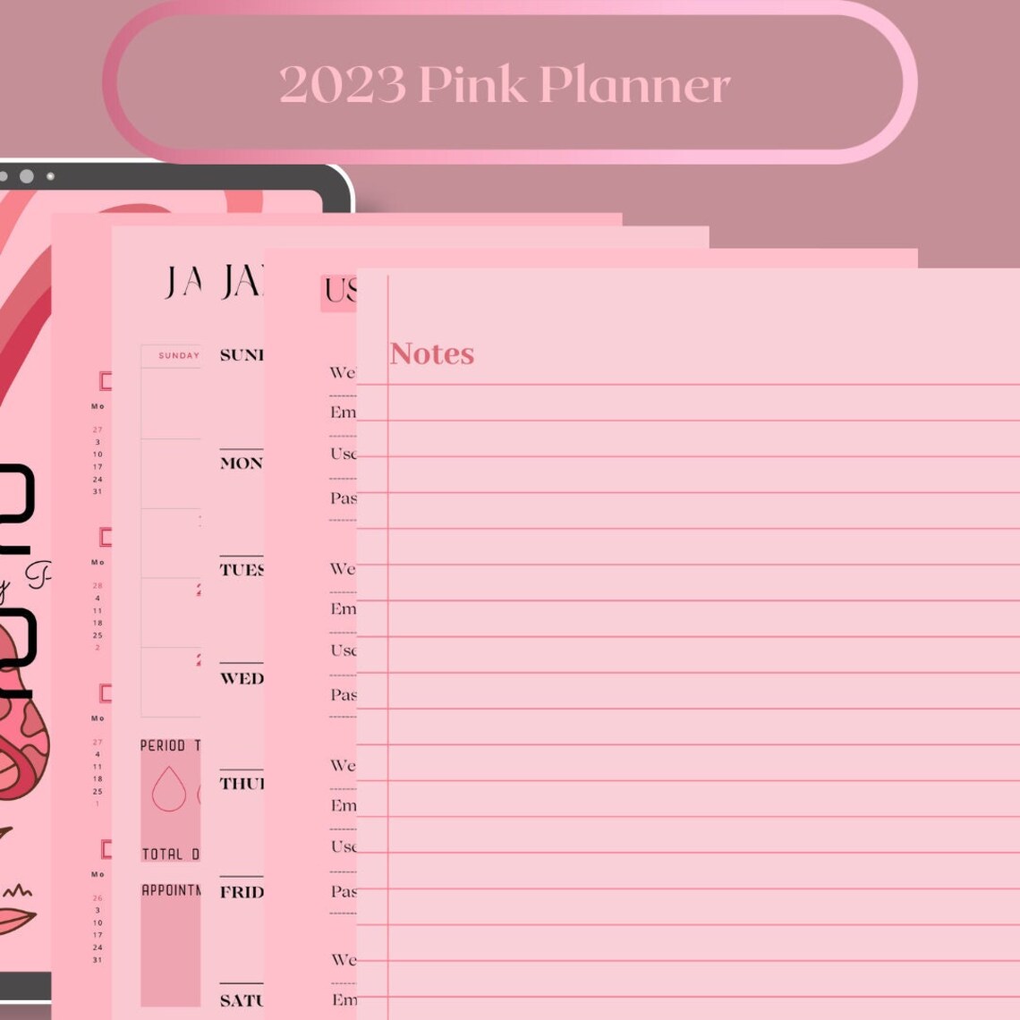 Pink 2023 Digital Planner, Goodnotes Pink 2023 Planner, Printable 2023 ...