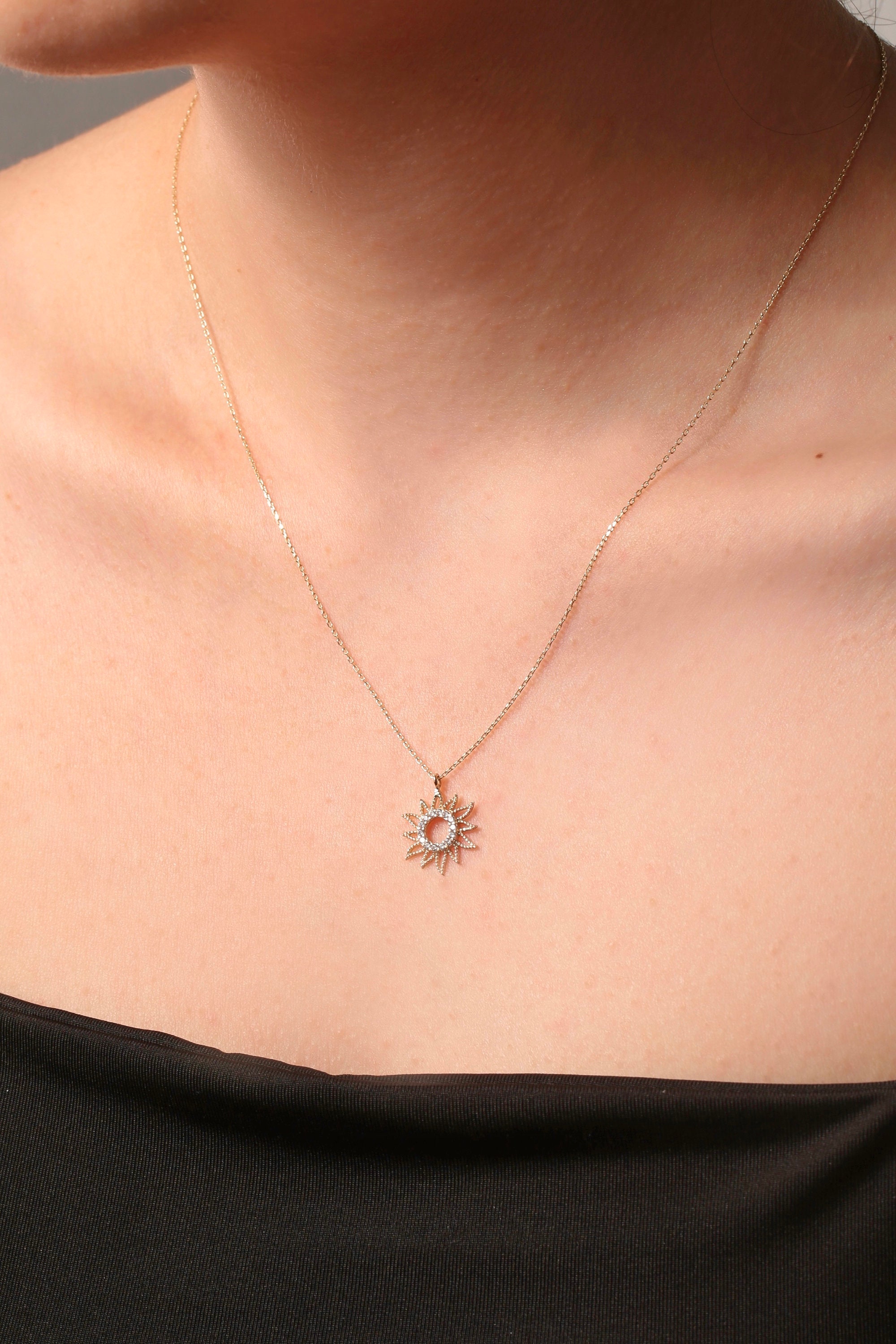 14K Solid Gold Sun Necklace, Sunburst Celestial Pendant, Sun Choker ...