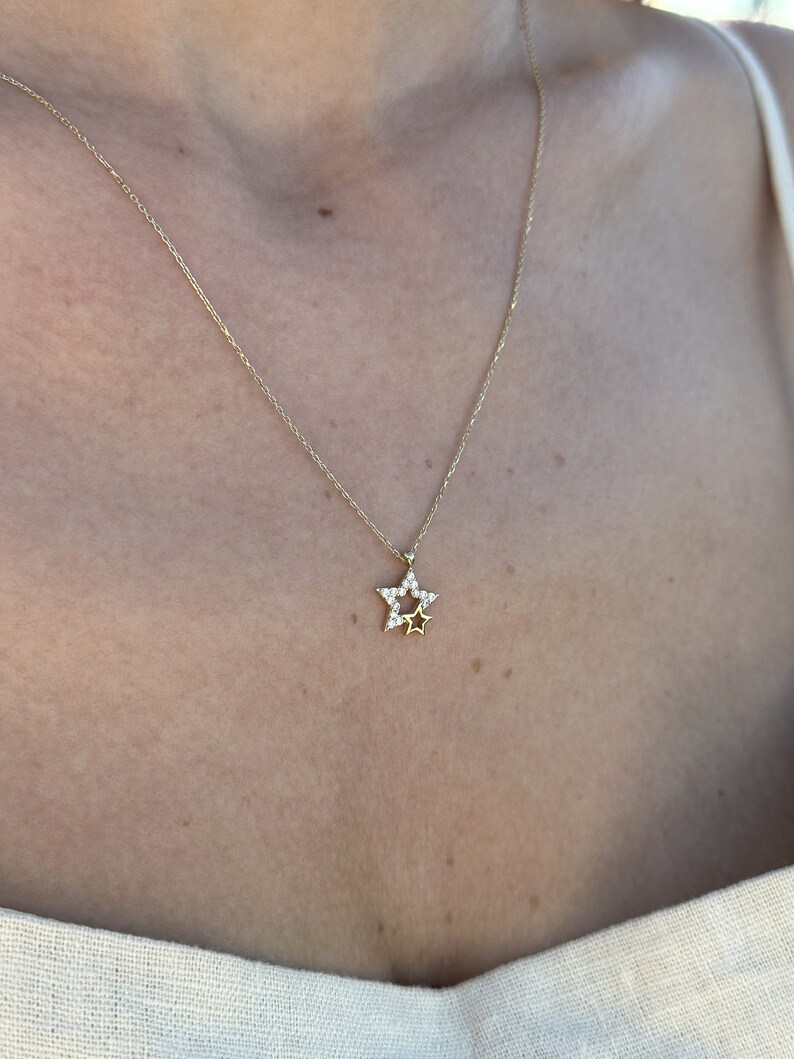 14K Solid Gold Star Necklace, Double Star, Cubic Zirconia, Two Star ...