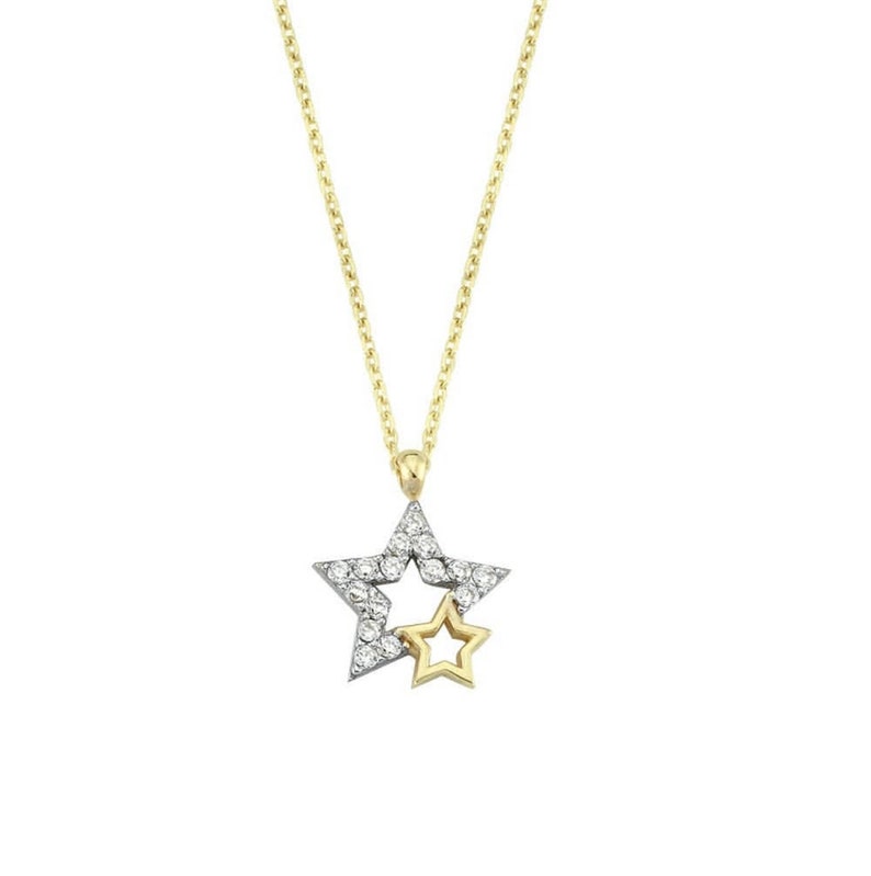 14K Solid Gold Star Necklace, Double Star, Cubic Zirconia, Two Star ...