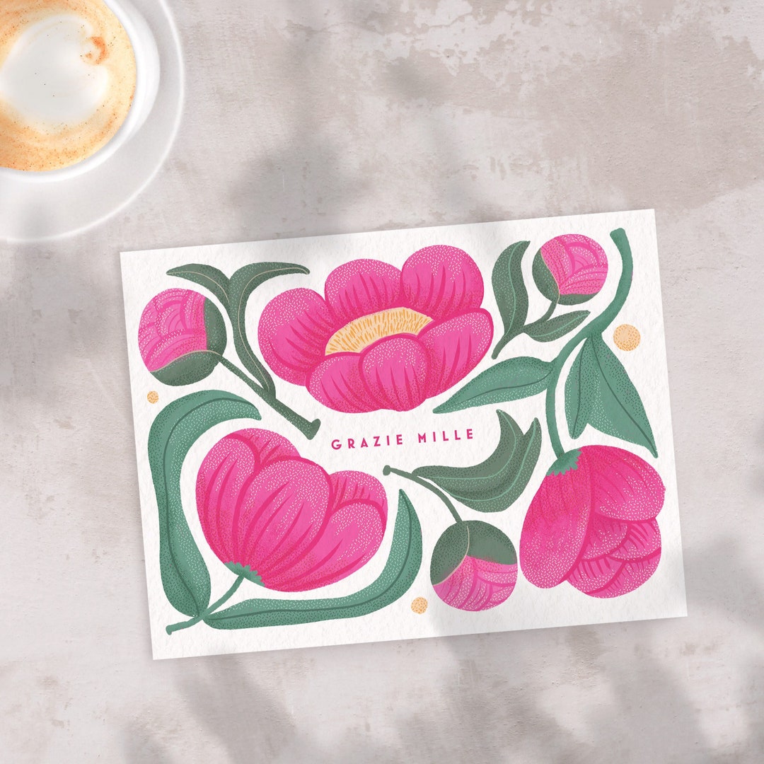Hand Illustrated Rome-inspired Grazie Mille Thank You Cards, Magenta ...