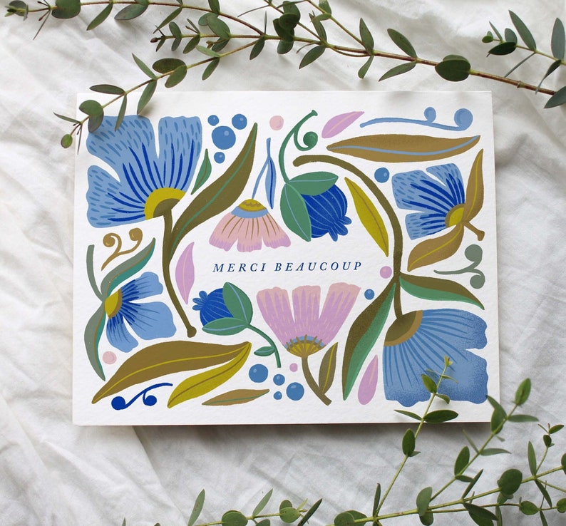 Floral Thank You Cards: Hand Illustrated Merci Beaucoup Notes - Etsy