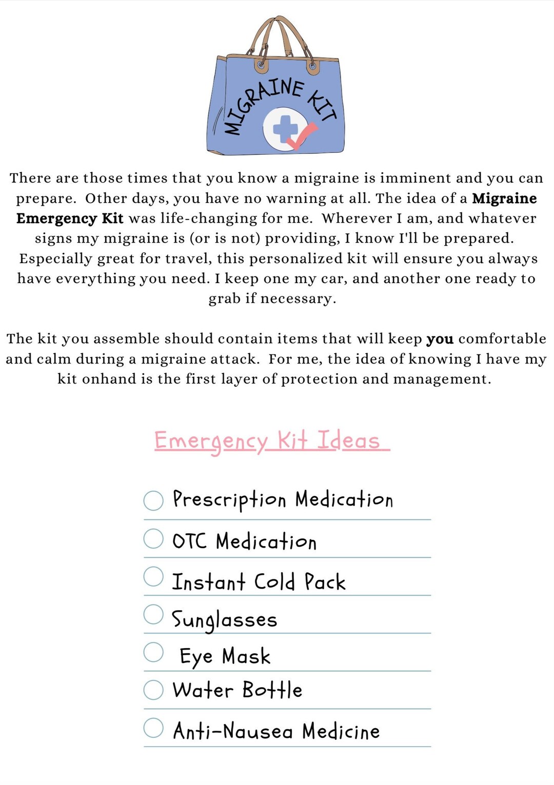 Migraine Emergency Kit Printable - Etsy