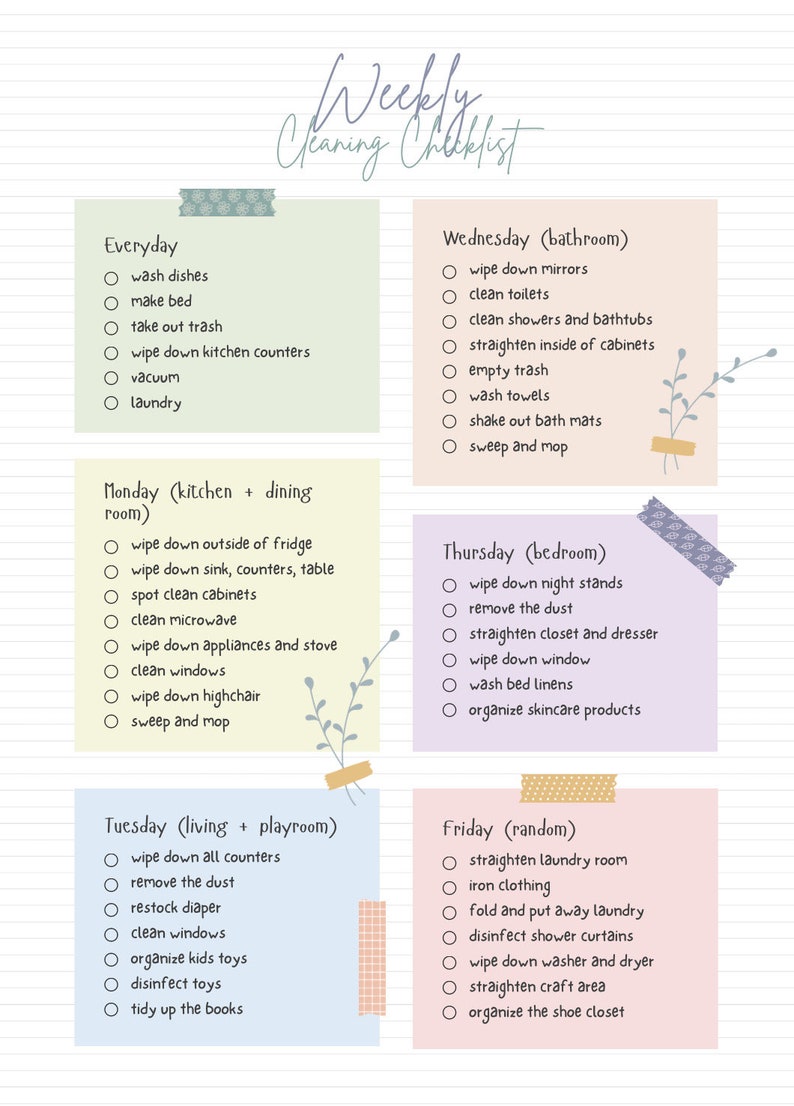 Weekly Cleaning Checklist - Etsy