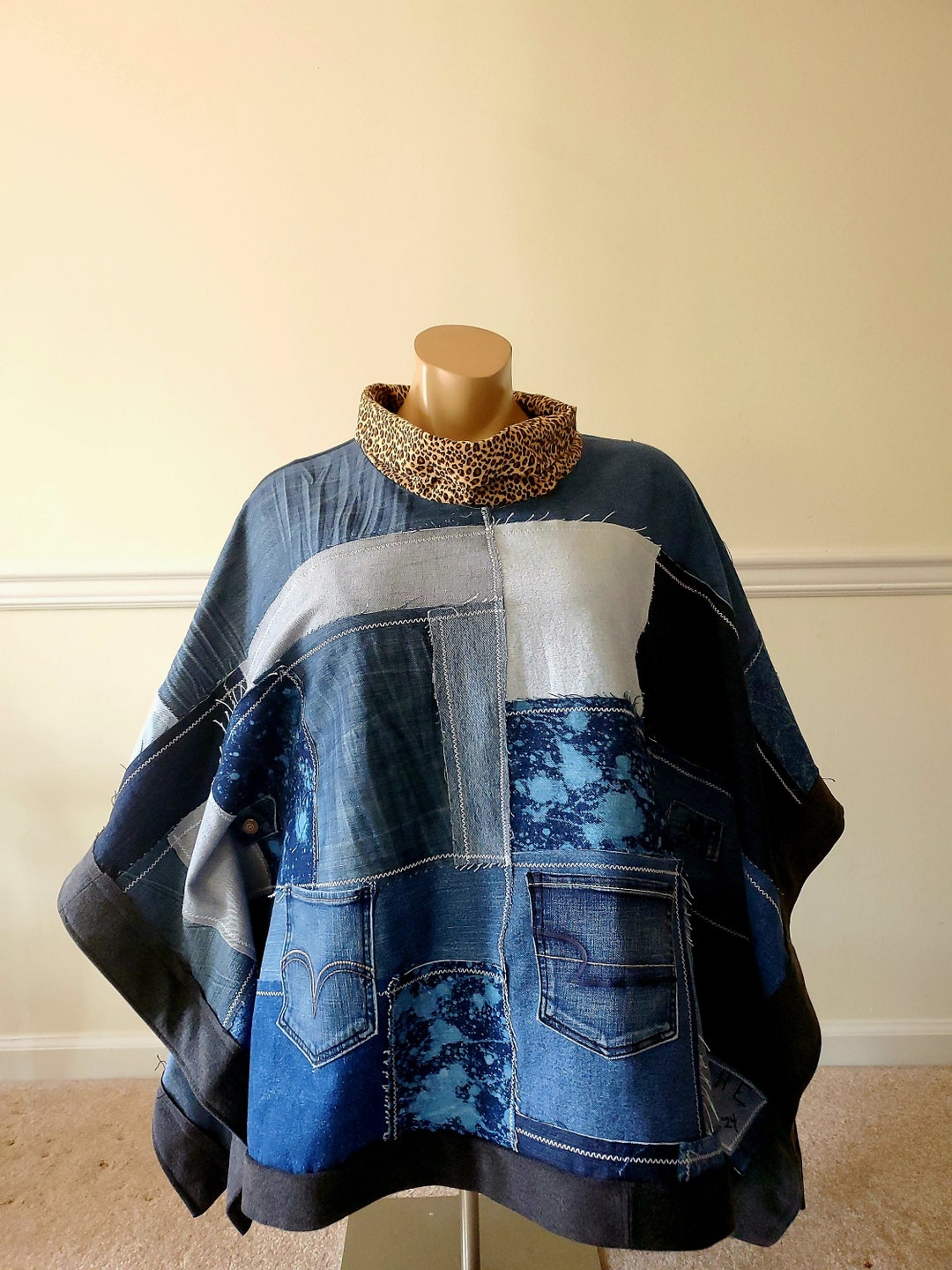 Animal Print Patchwork Denim Poncho - Etsy
