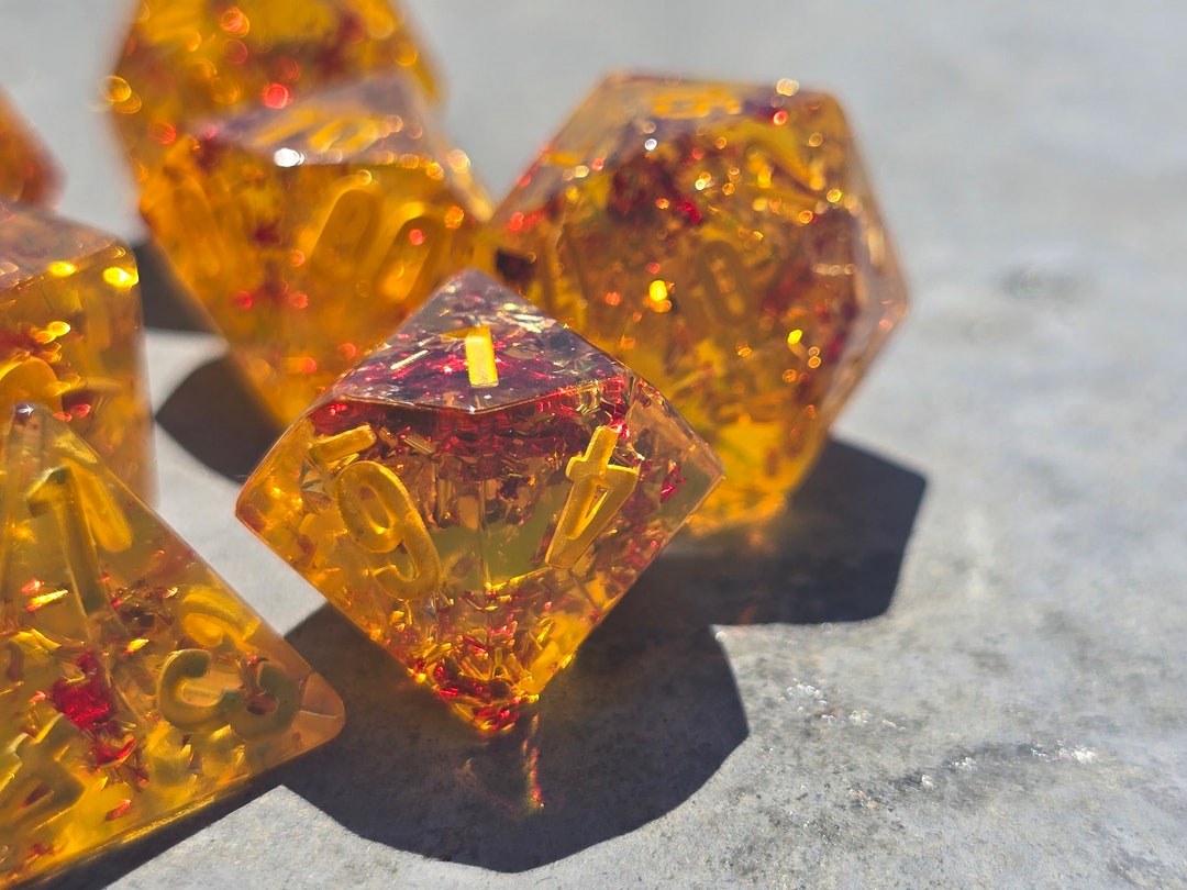 Yellow With Red and Gold Flake Rounded Edge Dice Set. Dice. Dnd Dice ...