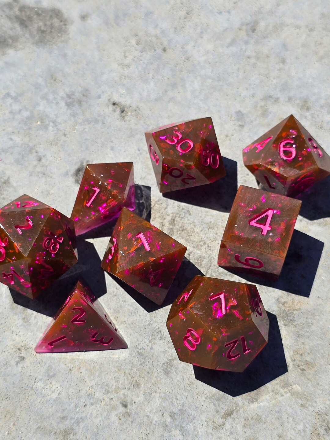 Brown With Pink Flake Sharp Edge Dice Set. Dice. Dnd Dice. TTRPG Dice ...
