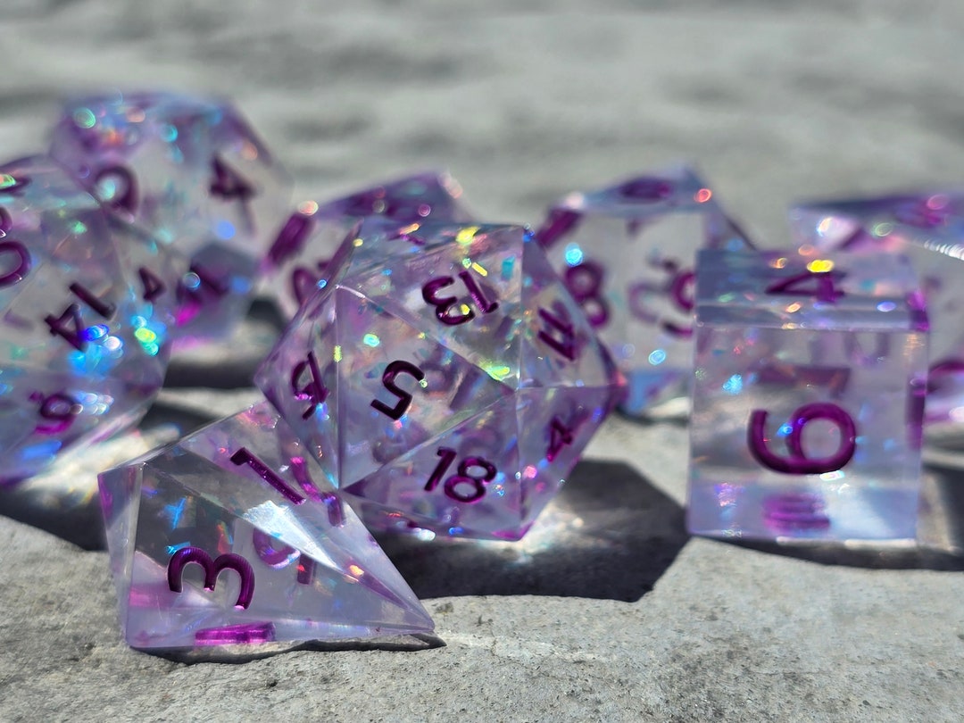 Sparkling Clear and Purple Sharp Edge Dice Set Dnd and TTRPG Essentials ...