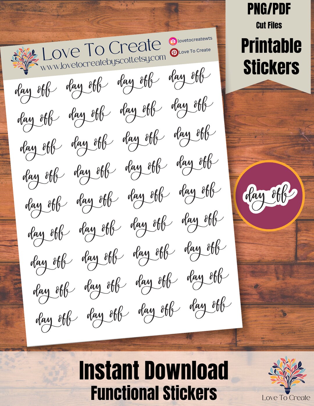 Hand-lettered Day off Planner Stickers, Script Words Printable Stickers ...