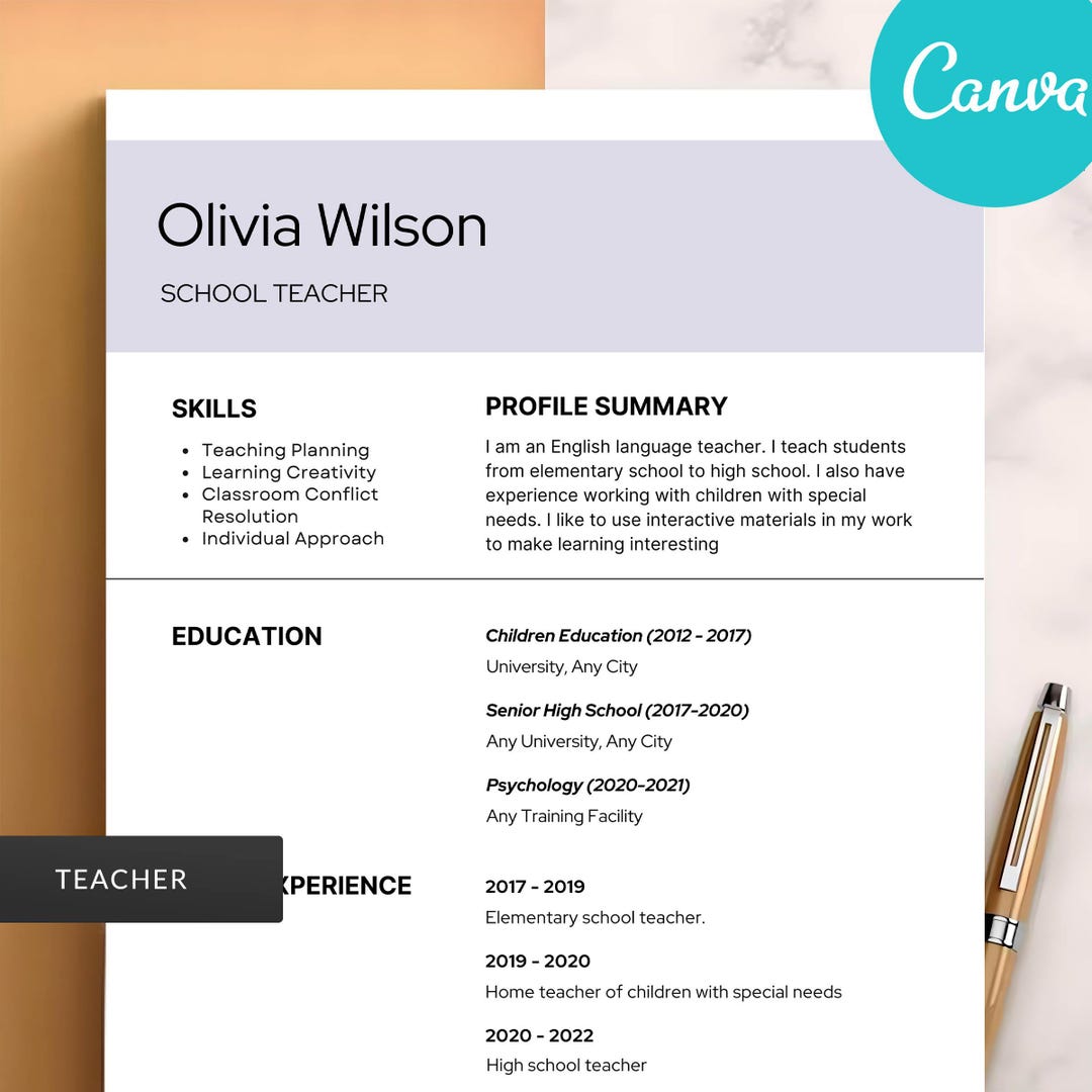 Teacher Canva Editable Resume Template With Cover Letter - Etsy