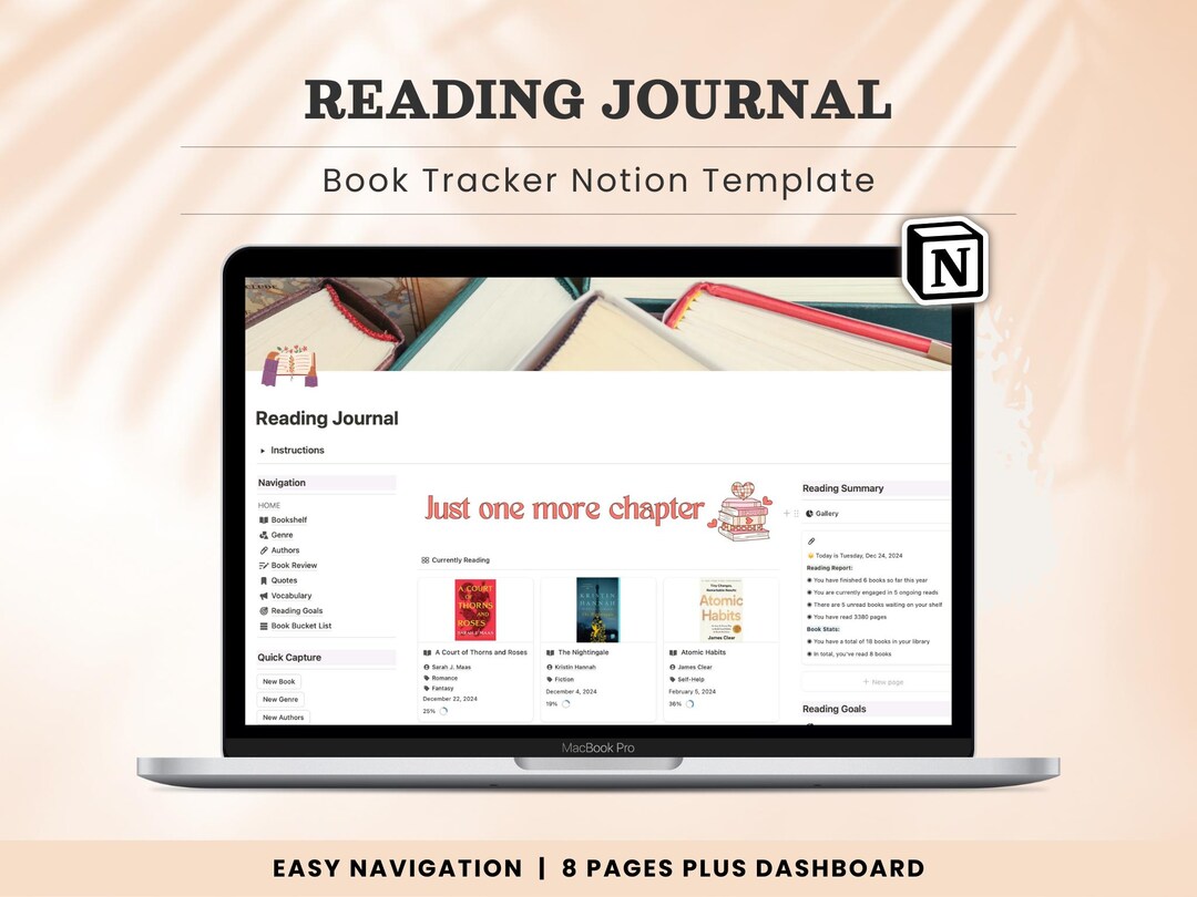 Reading Planner Notion Template Book Tracker Notion Book Log Digital ...