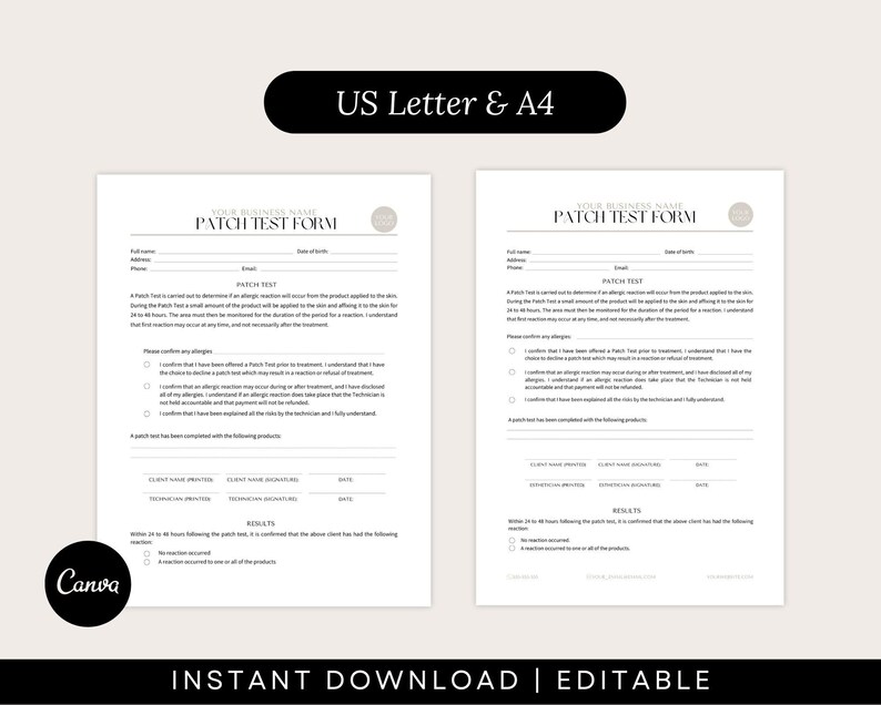 Patch Test Form - Beauty Patch Test Form, Patch Test Template, Client ...