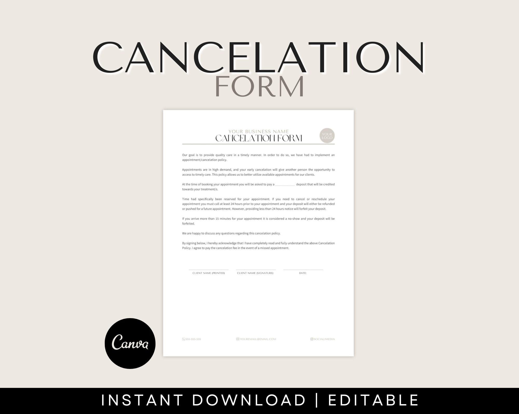 Cancelation Form - Salon Policies, Service Cancellation Form, Medspa Cancel Template - Etsy